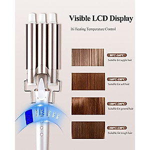 CkeyiN 3 Barrel Curling Iron Wand Hair Waver with LCD 16 Temperature Control Display, Ceramic Tourmaline Crimper Hair Iron with Glove, for All Hair Types Crimper Beach Waving Styling (Display)