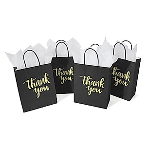 DjinnGlory 50 Pack Medium Black Thank You Paper Bags with Handles and 24 Sheet White Tissue Paper for Small Business, Shopping, Wedding, Baby Shower, Party Favors (Medium 10''x8''x4'', Black)