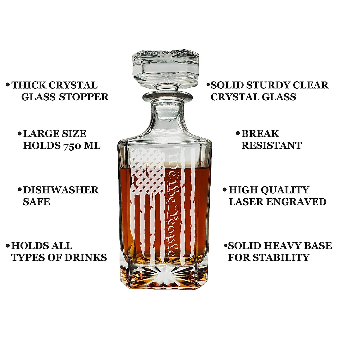 We The People Constitution American Flag USA Patriotic Whiskey Decanter Airtight Glass Stopper Custom Gift For Men Dad Veteran Father's Day