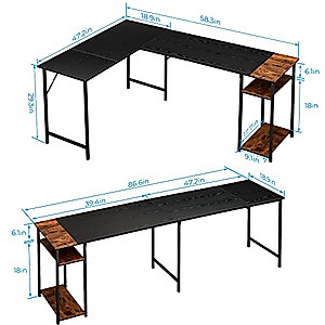 AINGOO L Shaped Desk Reversible with Storage, 72 Inch 2-Person Long Desk Computer Gaming Office Desk, Writing Study Corner Desk for Home Office, Black/Brown