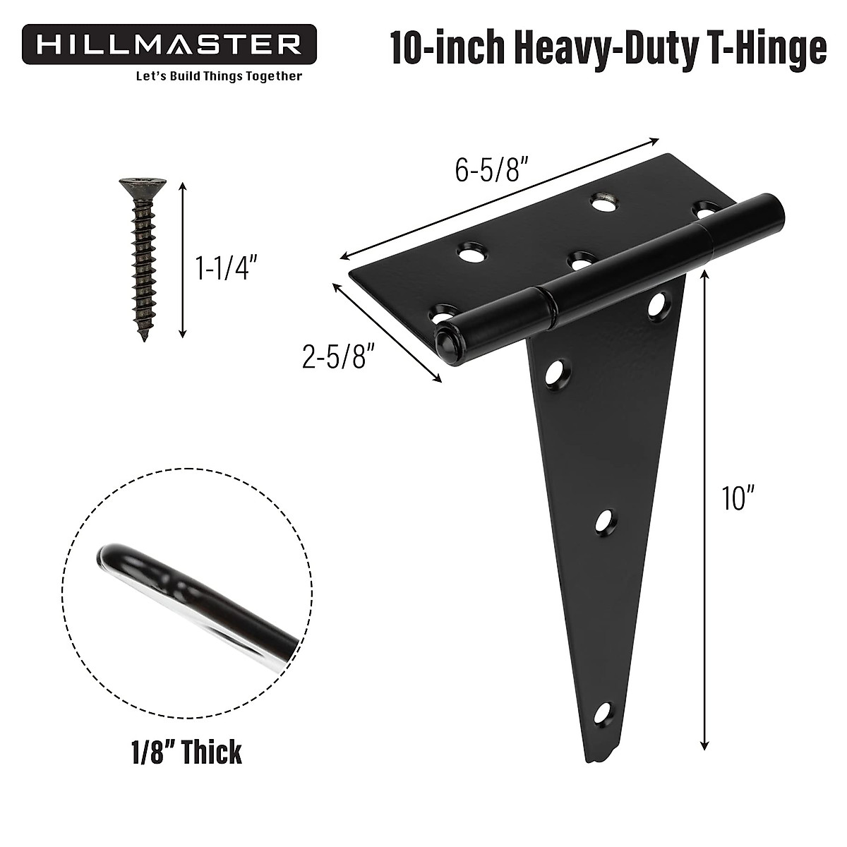HILLMASTER 10 Inch T-Strap Heavy Duty Shed Door Hinges Gate Strap Hinges Black Tee Hinge Wrought Hardware for Wooden Fences,Yard,Barn Door,Rustproof (6 Pack)