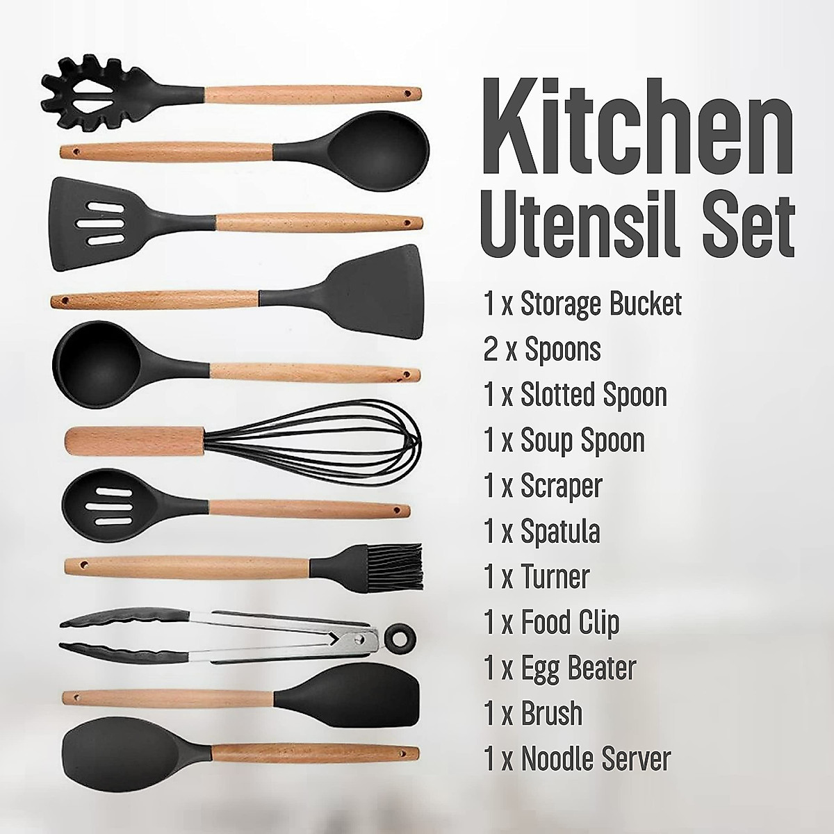 LaGrace O Naturel 12 Pcs Non-stick Silicone Kitchen Utensil Set – Wooden Spoons For Cooking - 446°F Heat Resistant Turner Tongs, Spatula, Spoon, Brush,