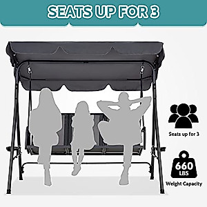 Haddockway 3-Seater Outdoor Adjustable Canopy Swing Chair,Porch Swing with Stand,Armrests,Textilene Fabric,Steel Frame,Patio Swing with Canopy for Garden,Backyard,Balcony,Poolside (Deep Grey)