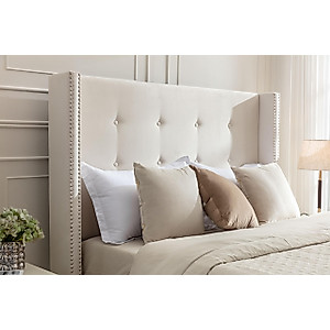 ACQCA Queen Velvet Bed Frame,Upholstered Platform Bed with Button Tufted Headboard and Nailhead Trim Wingback, Wood Slats Support, No Box Spring Needed, Easy Assembly,Ivory