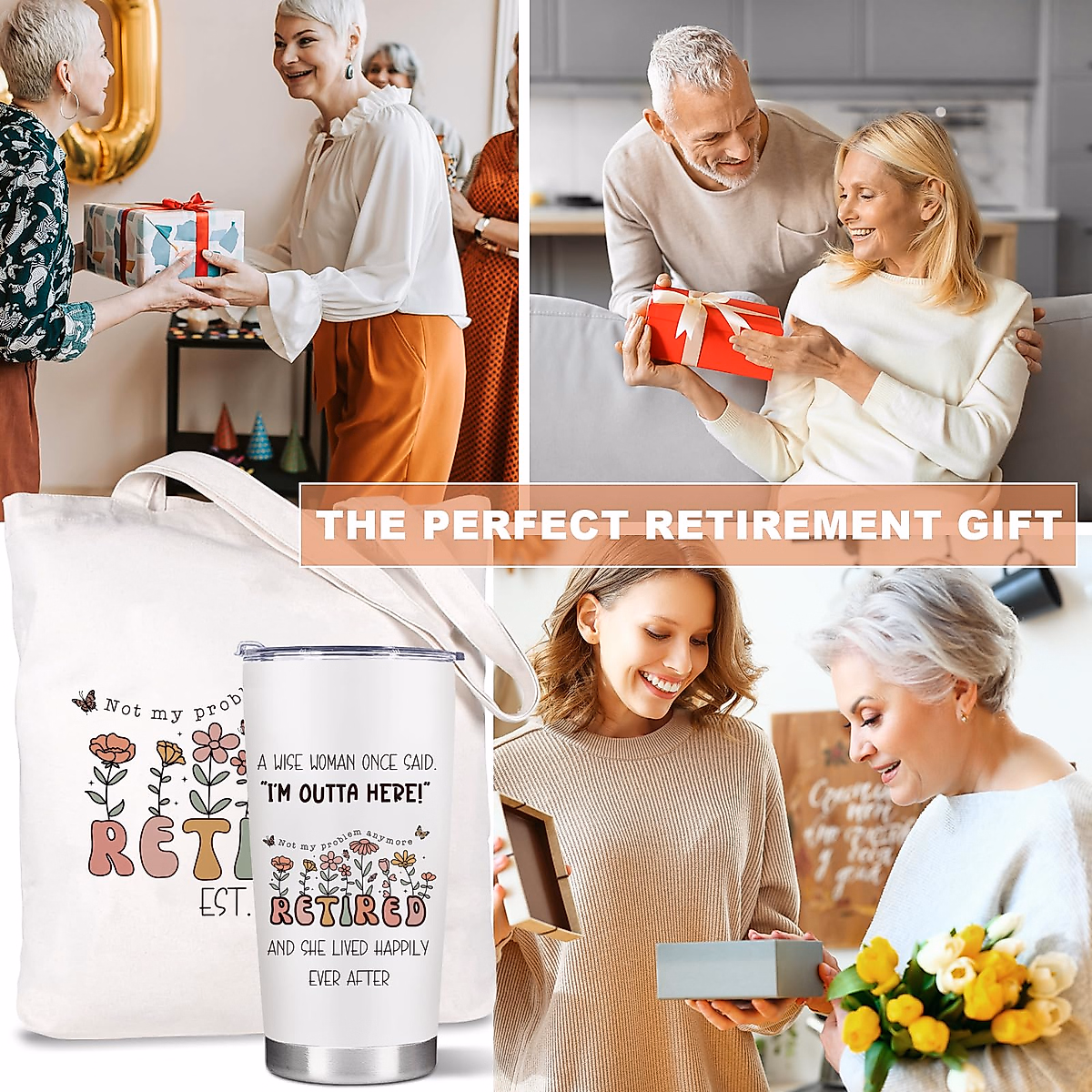 ARTINAEL Retirement Gifts for Women 2024 - Best Retirement Gifts with Humorous Happy Retired Quotes for Female- Funny Retirement Gift for Woman, White Coffee Tumbler & Bag Classy Gifts Set