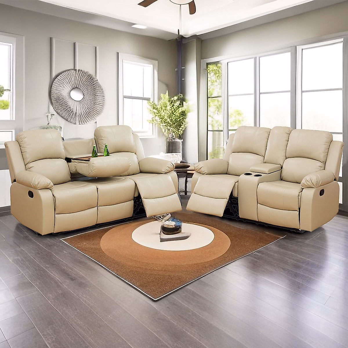 SIENWIEY Beige Leather Reclining Sofa Set for Living Room Set,Recliner Sofa and Loveseat Set/Recliner Sofa with Drop Down Table/Double Recliner Loveseat with Storage Console/Faux Leather