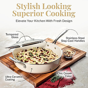 GOTHAM STEEL 5.5 Qt Saute Pan with Lid - Non Stick Frying Pans Nonstick Deep Frying Pan, Nonstick Pan, Cooking Pan, Nonstick Skillet, 100% PFOA Free Ceramic Pan, Dishwasher Safe, Cream White