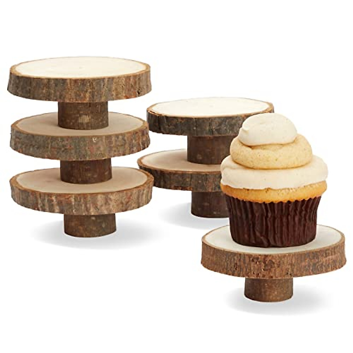 6 Pack Natural Wood Slice Cake Stand for Appetizers, Individual Mini Cupcake Holders, Rustic Style Cupcake Stand (3.5 x 1.5 in)