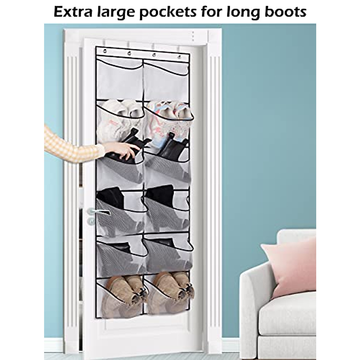 KIMBORA Over The Door Shoe Organizer 12 Large Mesh Pockets Boots Hanging Storage Shoe Rack for Closet White