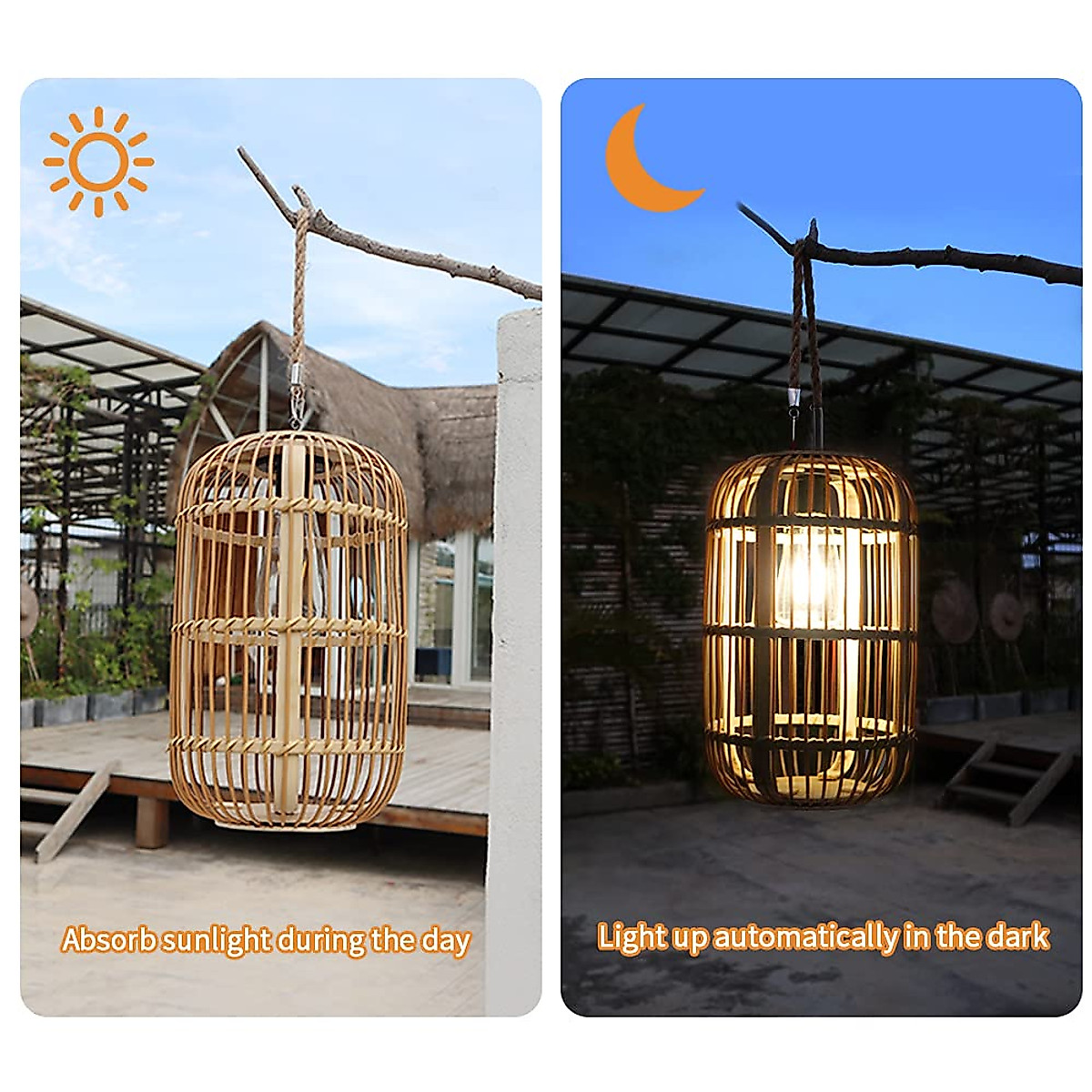 Outdoor Solar Lantern Hanging Light, Natural Rattan Solar Lantern with Handle Waterproof Decoration Table Lamp, Suitable for Patio Garden Decoration Solar Big Light, Edison Bulb, Auto On/Off