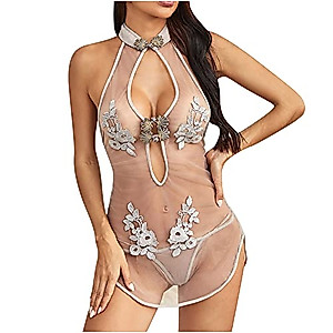 Women's Sexy Lingerie for Sex Naughty Play Mesh Embroidery Sheer Babydoll Teddy Lingerie Thong Slutty Pajama Nightgown Beige