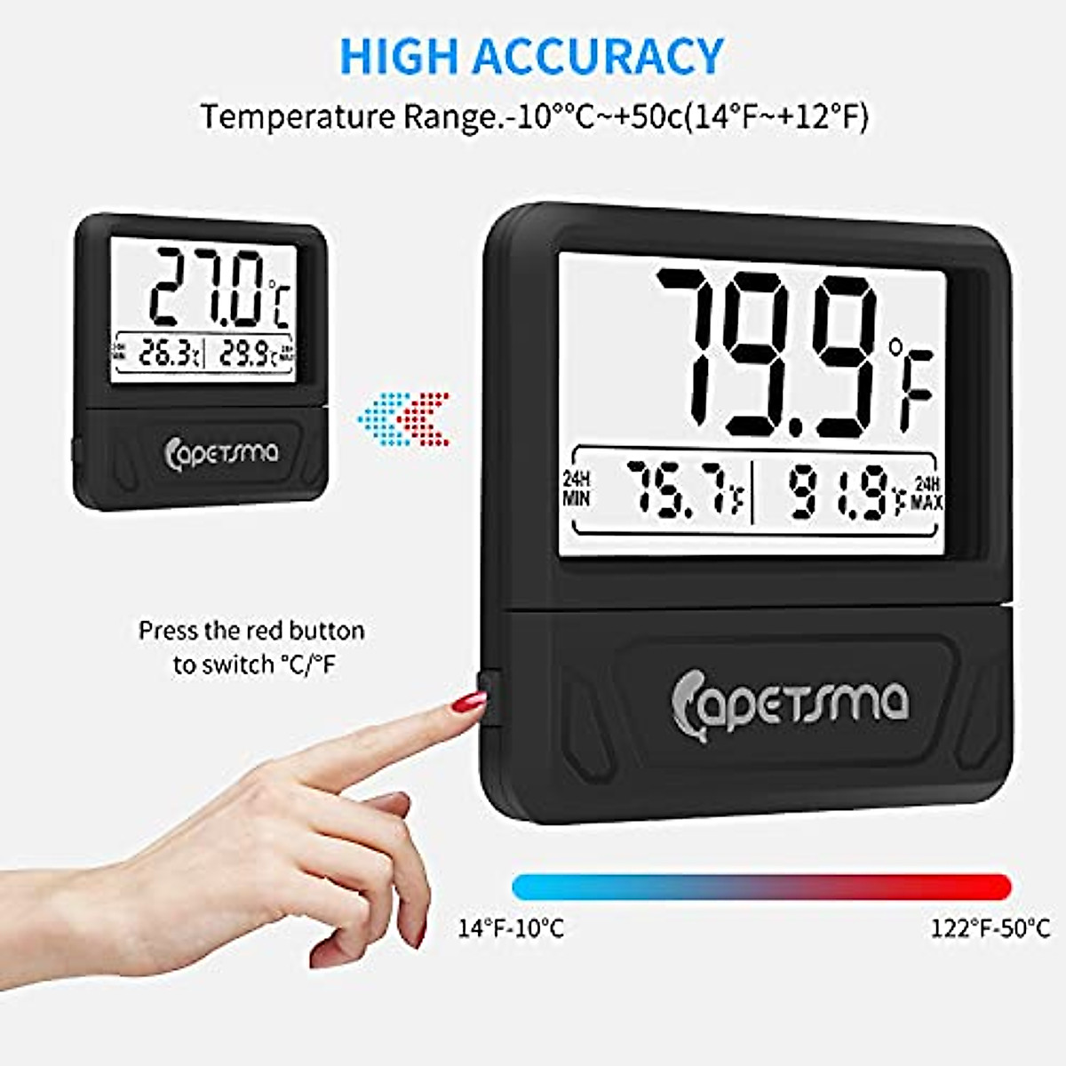 capetsma Aquarium Thermometer Digital Fish Tank Thermometer Large LCD Screen Records High & Low Water Temperature in 24 hrs