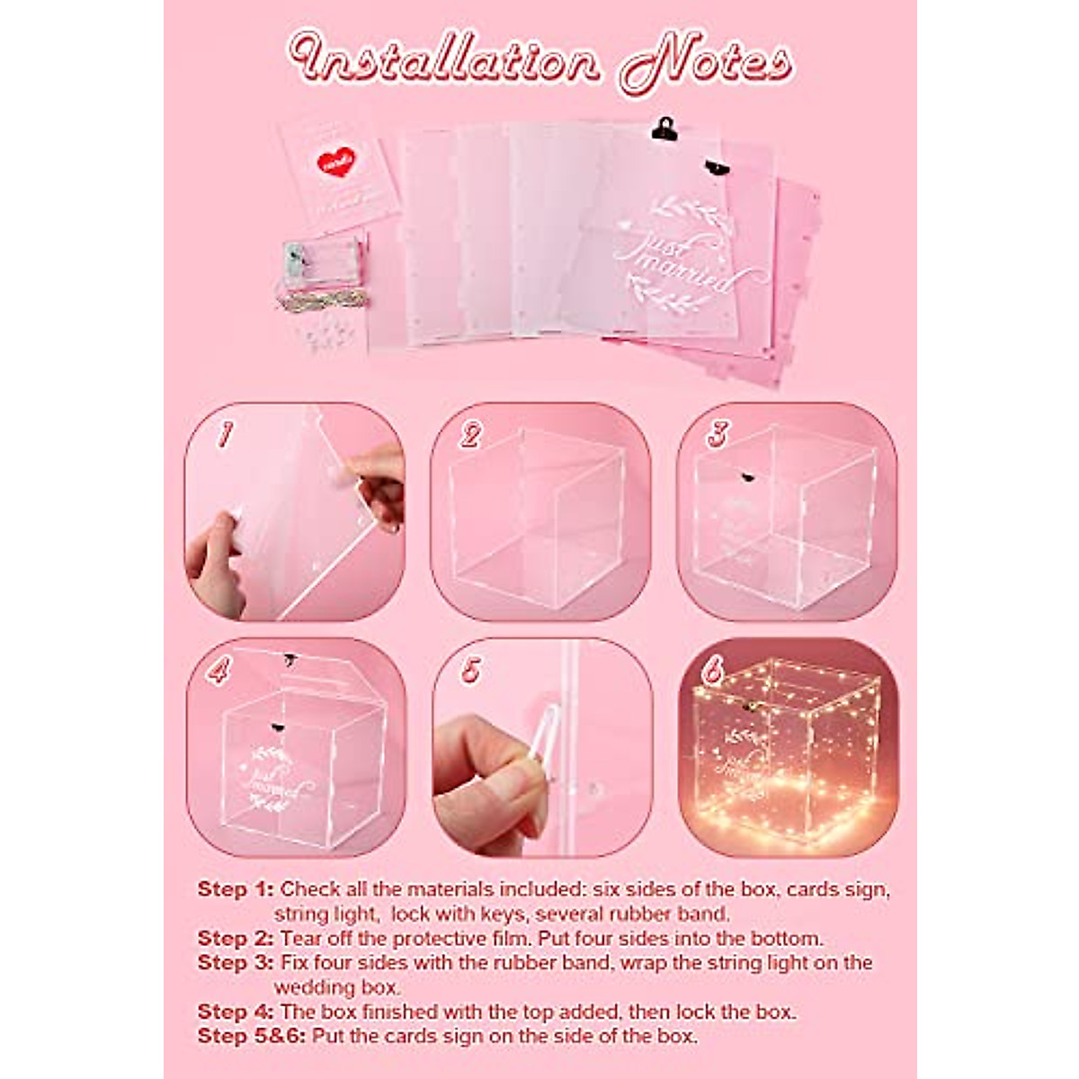 Meonum Acrylic Wedding Card Box for Reception Just Married Clear Wedding Card Holder with 8 Modes String Light and Card Sign, DIY Envelope Gift Card Container with Lock for Bridal Decoration