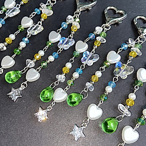 QqzsJewls Cute Kawaii Keychain for Women Aesthetic Backpack Saddle Accessories for Her Silver Dangly Bag Charms Beaded Crystal Butterfly Keychain Coin Purse Accessories Car Charm (Green)