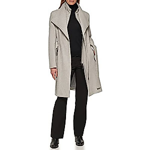 Calvin Klein Women's Angled Twill Fabric Wing Collar Coat, Light Grey, Large