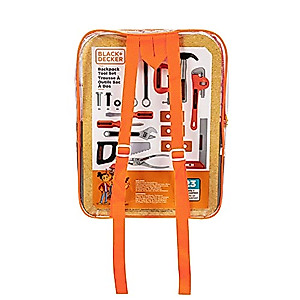 Black + Decker 23-Piece Kids Junior Tool Set Kids Pretend Play Tools Backpack, 23 Tools & Accessories, Hammer, Phillips Screwdriver, Saw, Pliers Adjustable Wrench & More! For Boys & Girls Ages 3+