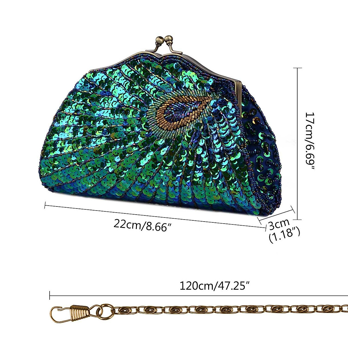 BAGLAMOR Women Full Shining Sequins Handbag Beaded Peacock Embroidery Clutch Purse Evening Bag