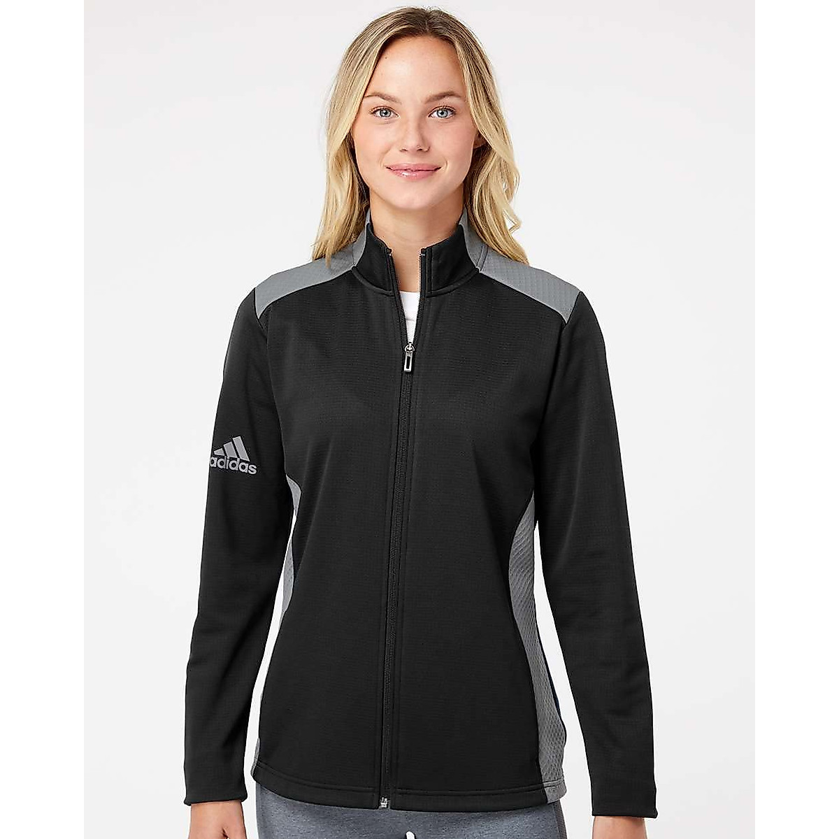 adidas Womens Textured Mixed Media Full-Zip Jacket, 2XL, Grey Three/White