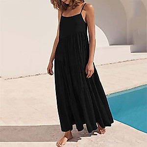 Women’s Summer Casual Loose Sleeveless Spaghetti Strap Asymmetric Tiered Beach Maxi Long Dress (A-Black, XXL)