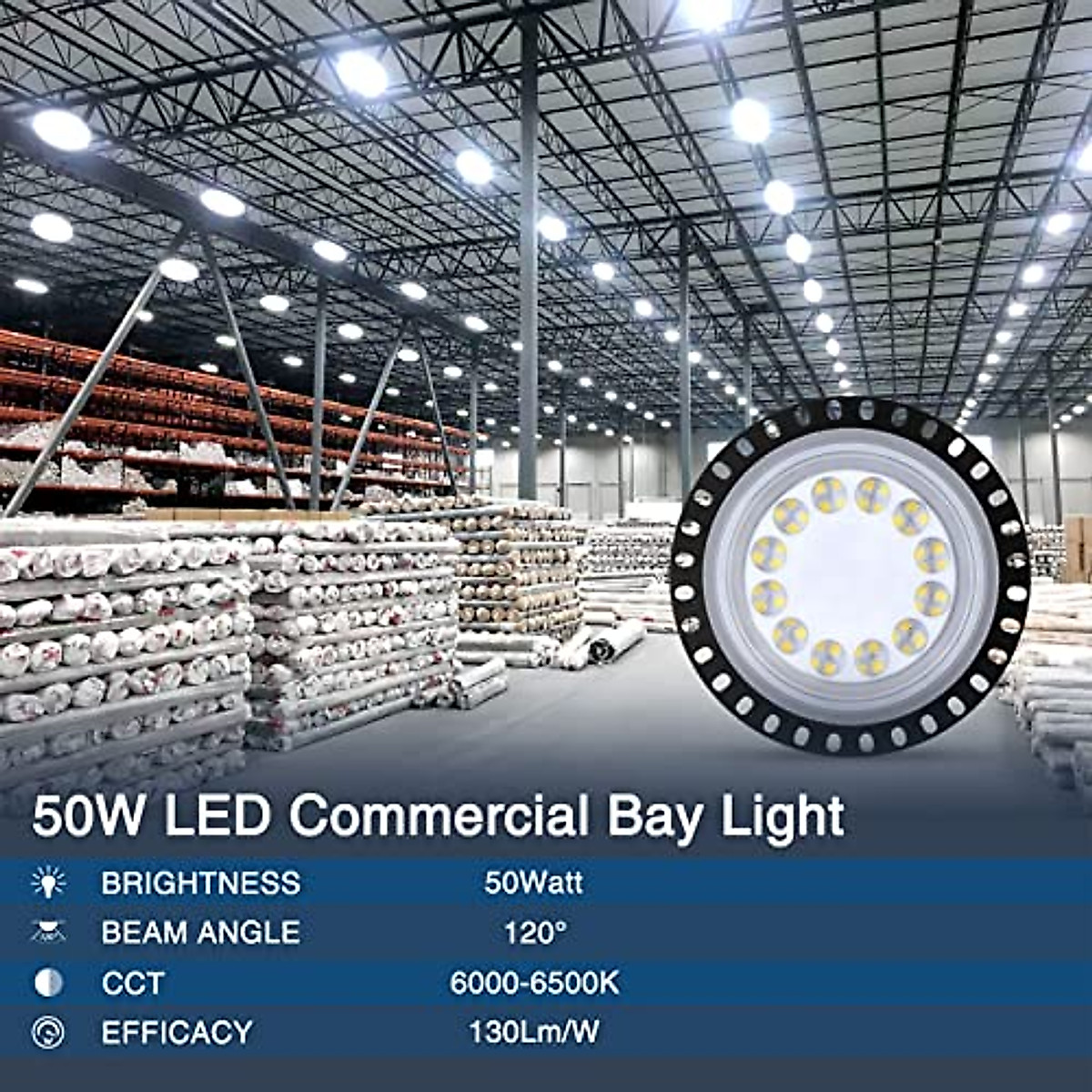 MERRYHE 50W LED UFO High Bay Lighting, 6500K Ultra Thin LED Warehouse Lights Fixture, 4000LM Daylight White 110V IP65 Waterproof Commercial Shop Bay Light Lamp for Area Garage Gym Workshop,4 Pack