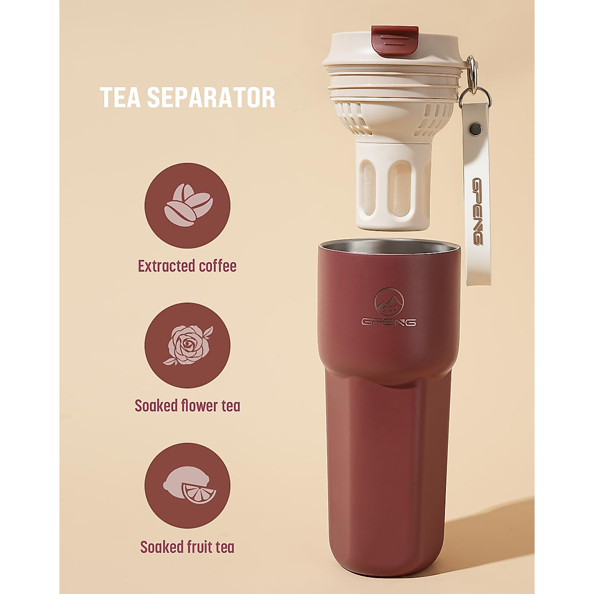 Gpeng 20 oz Insulated Stainless Steel Coffee Mug & Water Bottle with Tea Separation, Straw Lid, and Cup Holder - Keeps Drinks Hot or Cold for Hours. Perfect for Travel and Outdoor Activities!