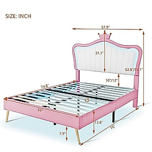 YSWH Full Size Upholstered Princess Bed, Platform Bed Frame with Adjustable Crown Shaped Headboard and LED Lights, Fun Cute Bed Princess Bed for Kids, Bedroom Furniture Upholstered Bed (White + Pink)