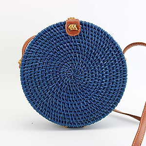 SHAREYOIU Candy Colors Handwoven Round Rattan Shoulders Handbags Natural Chic Hand Tropical Beach Style with Leather Strap (Big，7.87x 3.2 inch, 1#Blue)
