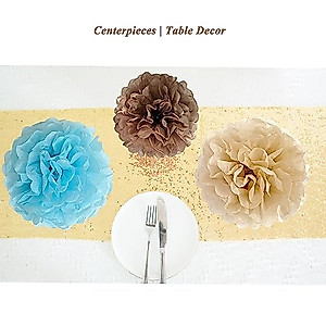 ANSOMO Blue and Tan Brown Tissue Paper Pom Poms Party Decorations Flowers Wall Hanging Bear Baby Shower Boy Khaki Décor 1st Birthday Supplies 12Pcs