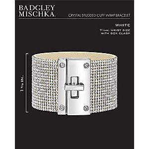 Badgley Mischka Women's Bracelet - Crystal Studded Leatherette Box Clasp Bangle Cuff Wrap Wristband, White