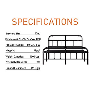 Bednowitz King-Bed-Frame-with-Headboard and Footboard, 18 Inch High Metal Platform King-Size-Bed-Frame, 4000 Lbs Heavy Duty Steel Slats Support, No Box Spring Needed, Noise Free