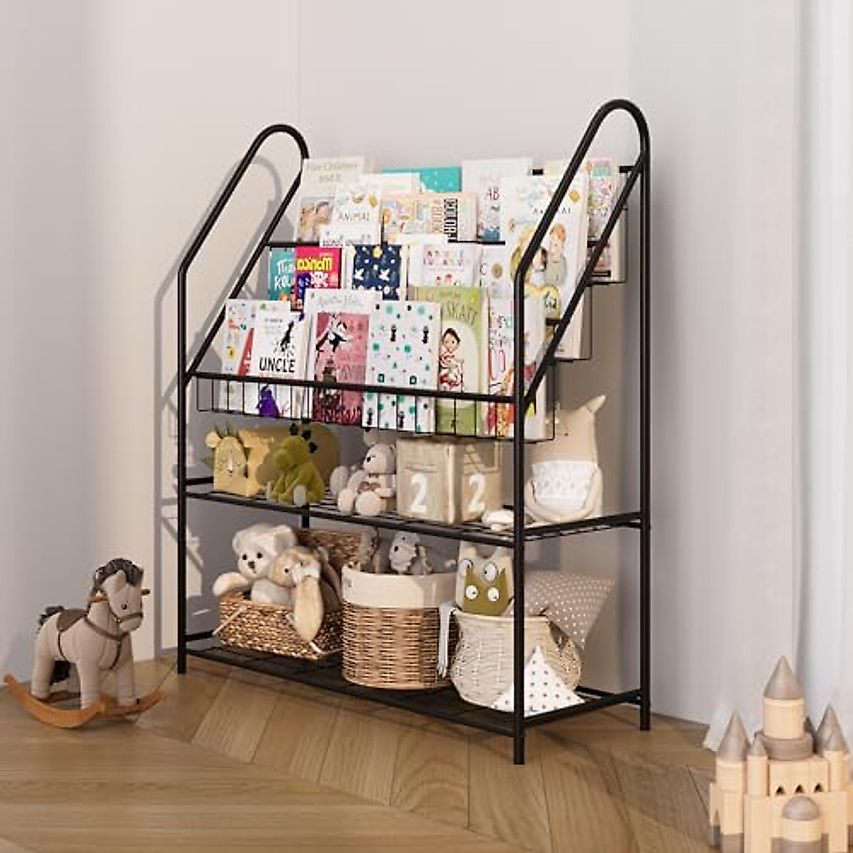 Emiosmt Black Bookcase for Children Metal Kids Bookshelves Modern Minimalist Toy Storage Large Bookshelf for Bookstore Bedroom, Classroom Furniture, Living, Library, Book Display Rack