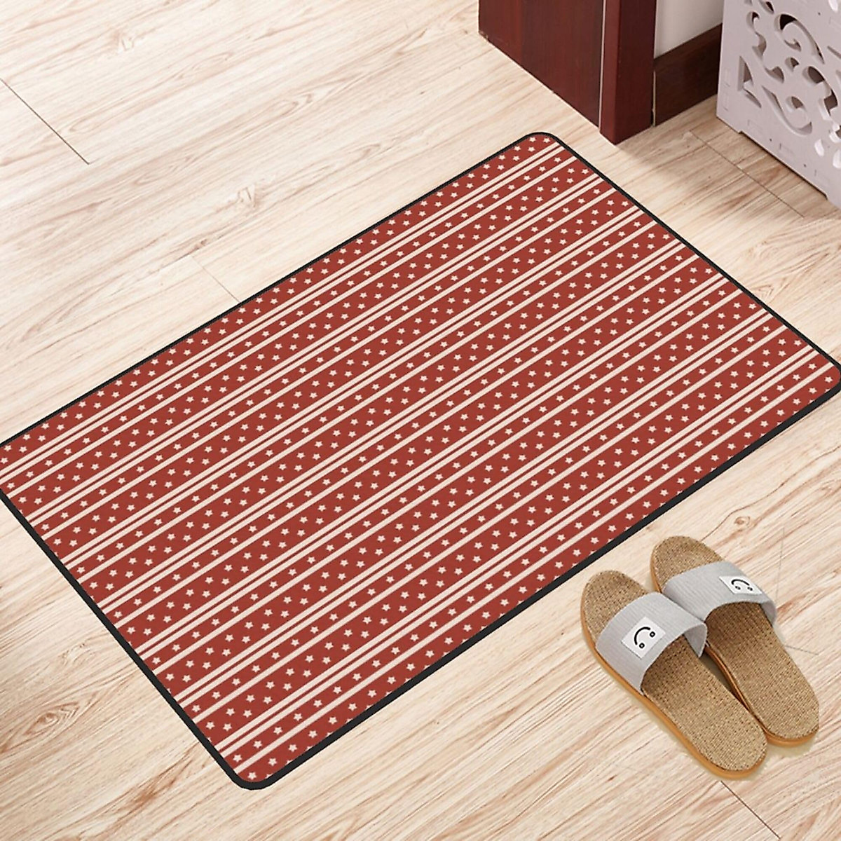 aHaBiKas Door Mat Outside Indoor Entrance, Patriotic Stars Stripes Red Front Porch Rug Washable Kitchen Rugs Non-Slip Shower Rugs Bathroom Mats Quick Dry, 36"x24"