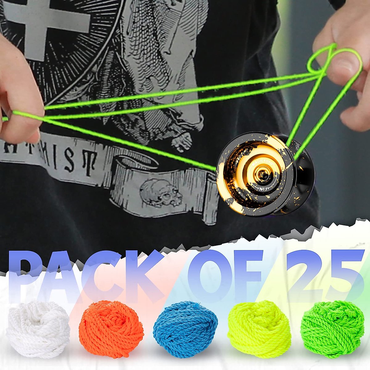 MAGICYOYO 100% Polyester Professional Yoyo Strings for Responsive and Non Responsive Yoyos - Pack of 25,Blue, Green, White,Yellow, Orange