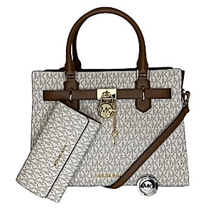 MICHAEL Michael Kors Hamilton MD Satchel bundled with Trifold Wallet and Purse Hook (Signature MK Vanilla/MK Vanilla)