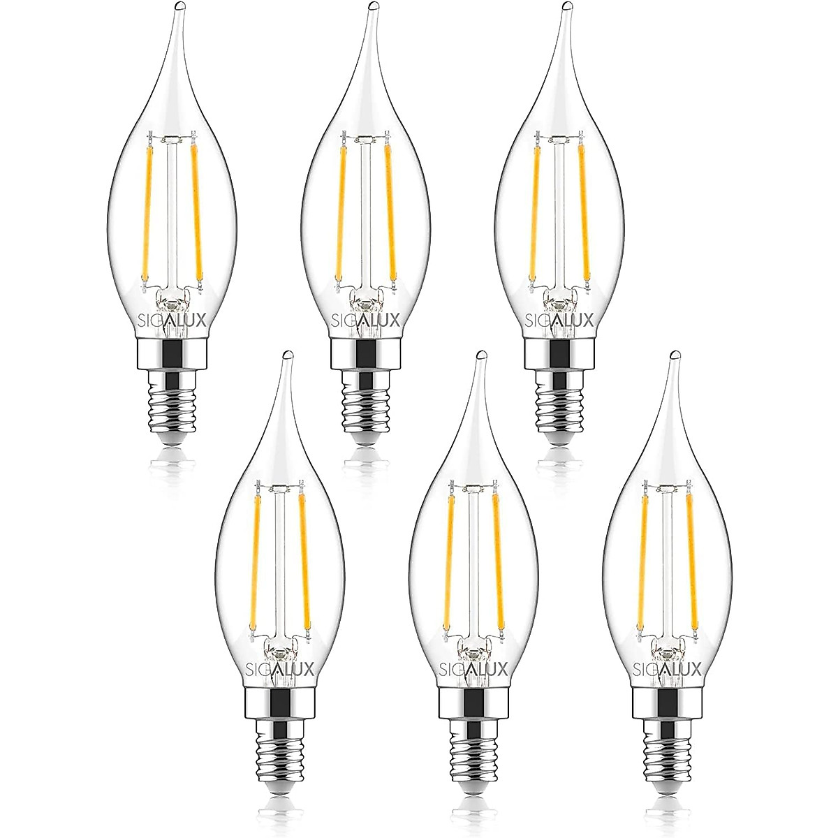 Sigalux Candelabra LED Light Bulbs Dimmable, E12 40 Watt Chandelier Light Bulbs, CA10 Flame Tip Candle Light Bulbs, 5000K Daylight, E12 LED Bulb for Chandeliers, Ceiling Fan, Pendant, 6 Pack