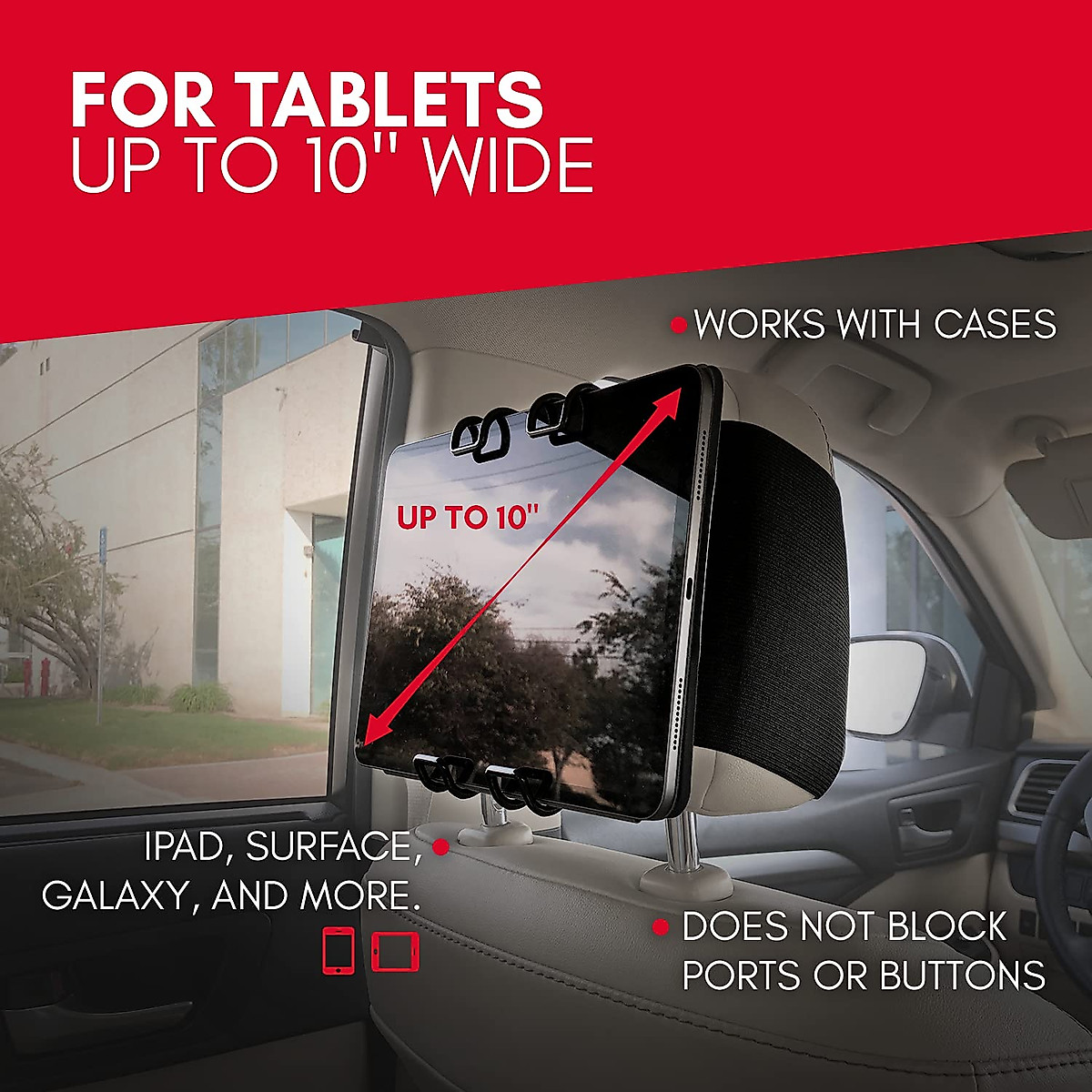 Macally Tablet Holder for Car Headrest for Happy Kids - (Upgraded) iPad Car Holder Back Seat Mount Strap - Rear Facing Head Rest iPad Holder for Car Backseat with Adjustable Case Angles