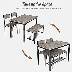 Giantex Dining Table Set for 4, Kitchen Table with Bench and Chairs, Industrial Gathering Bench Dining Set W/Metal Frame & Storage Rack, Dinette Set, Modern Functional Desk Set (Black Oak)