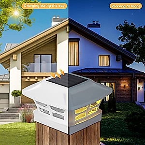 Solar Post Cap Lights Outdoor Solar Powered Post Lights Waterproof LED Fence Light Warm/Cool White 2 Modes Landscape Lamp for 4x4 Posts Garden Yard Deck Fence Patio Decor - White, 4 Packs