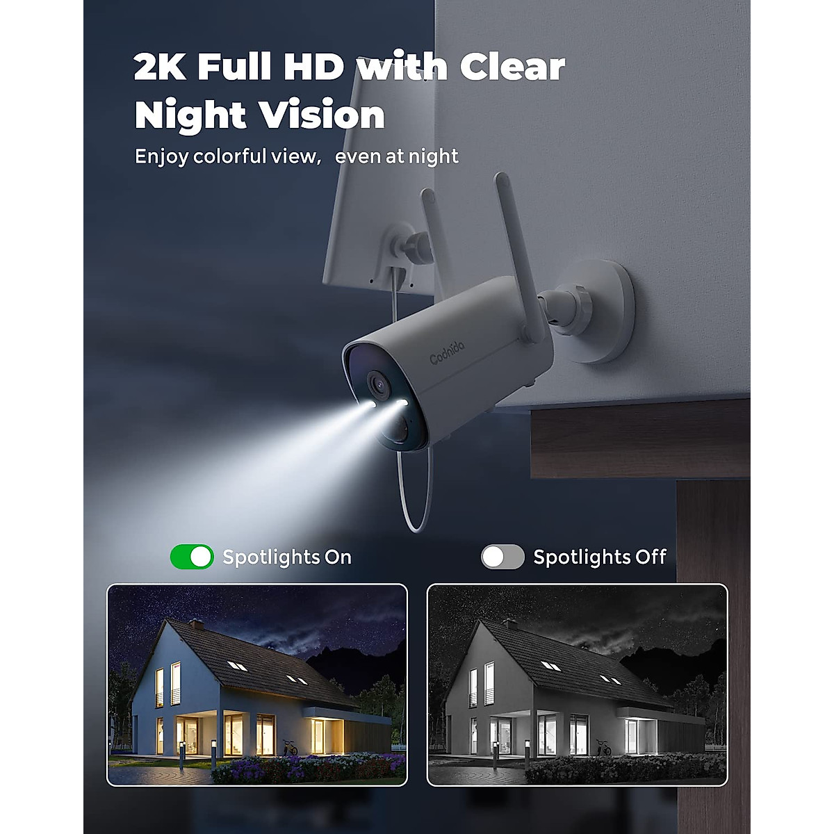 Codnida Wireless Outdoor 2.4Ghz WiFi Security Camera with Motion Detection, Solar Battery Powered, 2K HD, 2-Way Audio,Night Vision, IP66