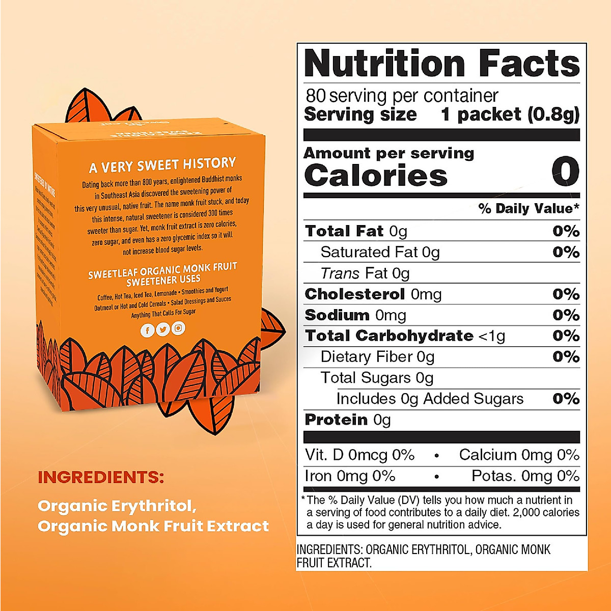 Sweetleaf Monk Fruit Organic Sweetener Granules 80 Packets