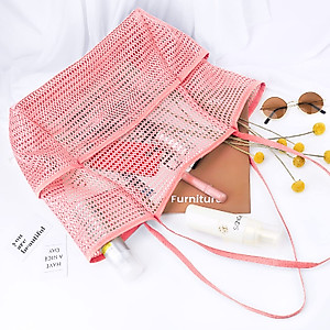 Ayieyill Mesh Beach Tote Large Bag Womens Shoulder Handbag with Multiple Pockets for Women Family Beach Pool Swimming Travel Vacation (M/Pink)