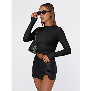 Trendy Queen Womens Long Sleeve Shirts Basic Tees Crop Tops Going Out Spring 2025 Workout Outfits Y2k Clothes Black S