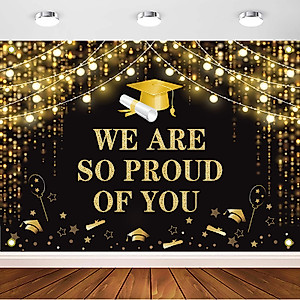 Avezano Graduation Party Backdrop Blak and Gold Graduation Party Decorations Proud of You Congrats Grad 2023 Photoshoot Background Banner Supplies (7x5ft)