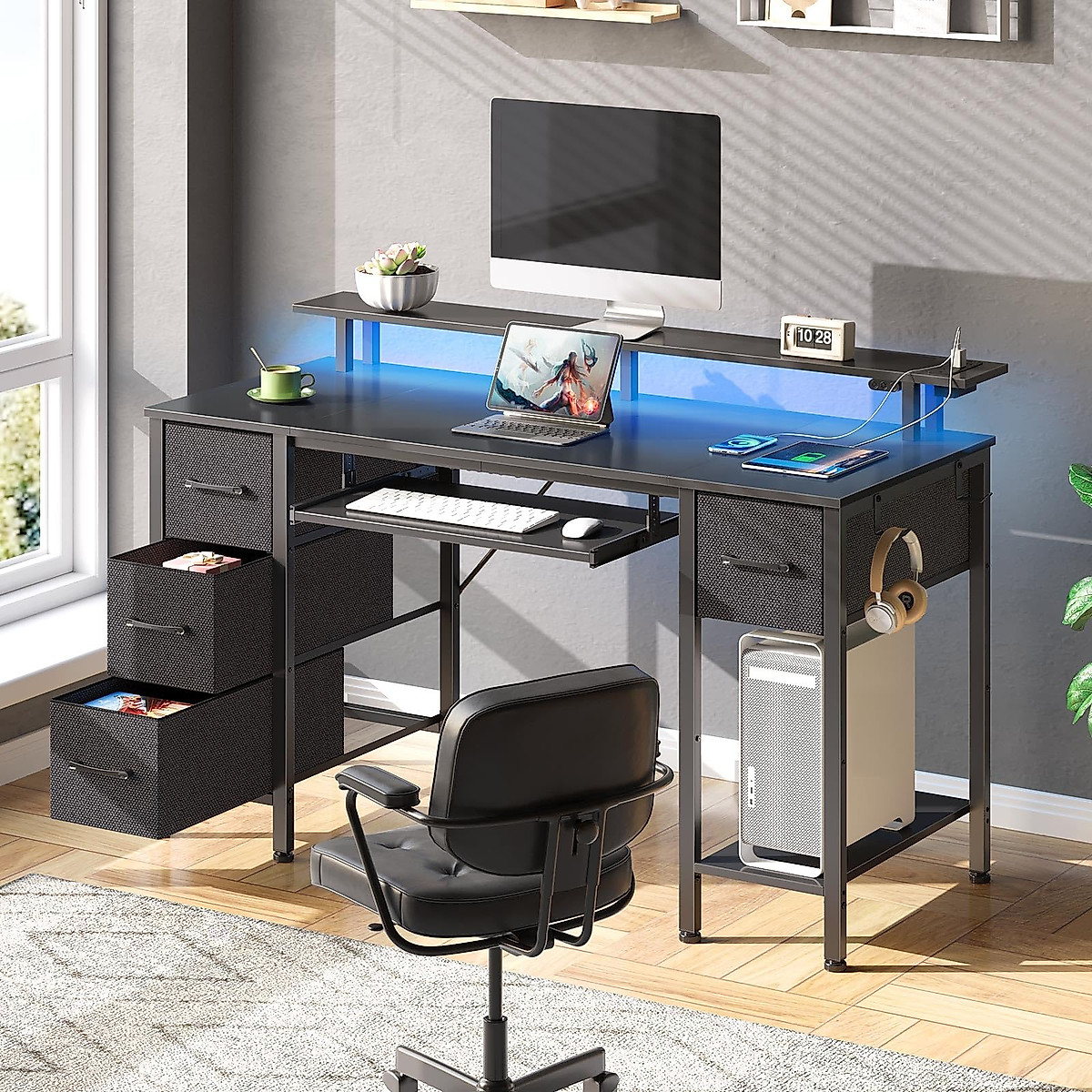Seventable Computer Desk 47.2" with LED Lights & Power Outlets, Home Office Desk with 4 Drawers, Writing Desk with Keyboard Tray, Study Desk with Monitor Stand, Work Desk for Home Office, Black