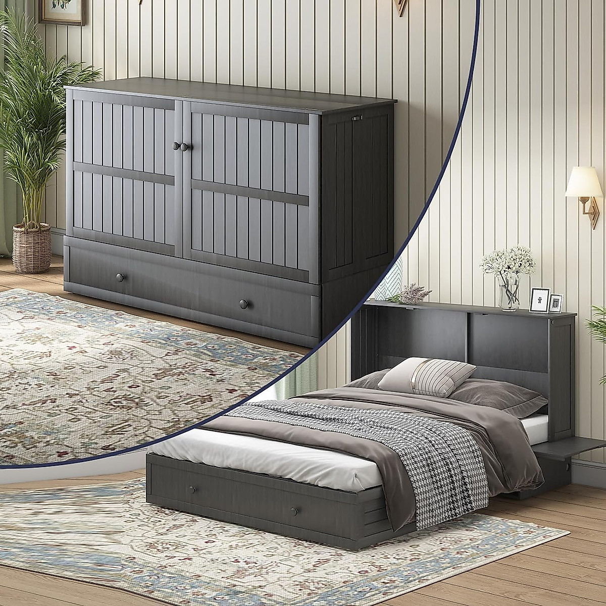 ijuicy Murphy Bed Queen,Cube Chest Cabinet Bed with Charging Station & 3 Level Foldable Memory Foam Mattress & Large Drawer for Guests/Bed Room-Grey