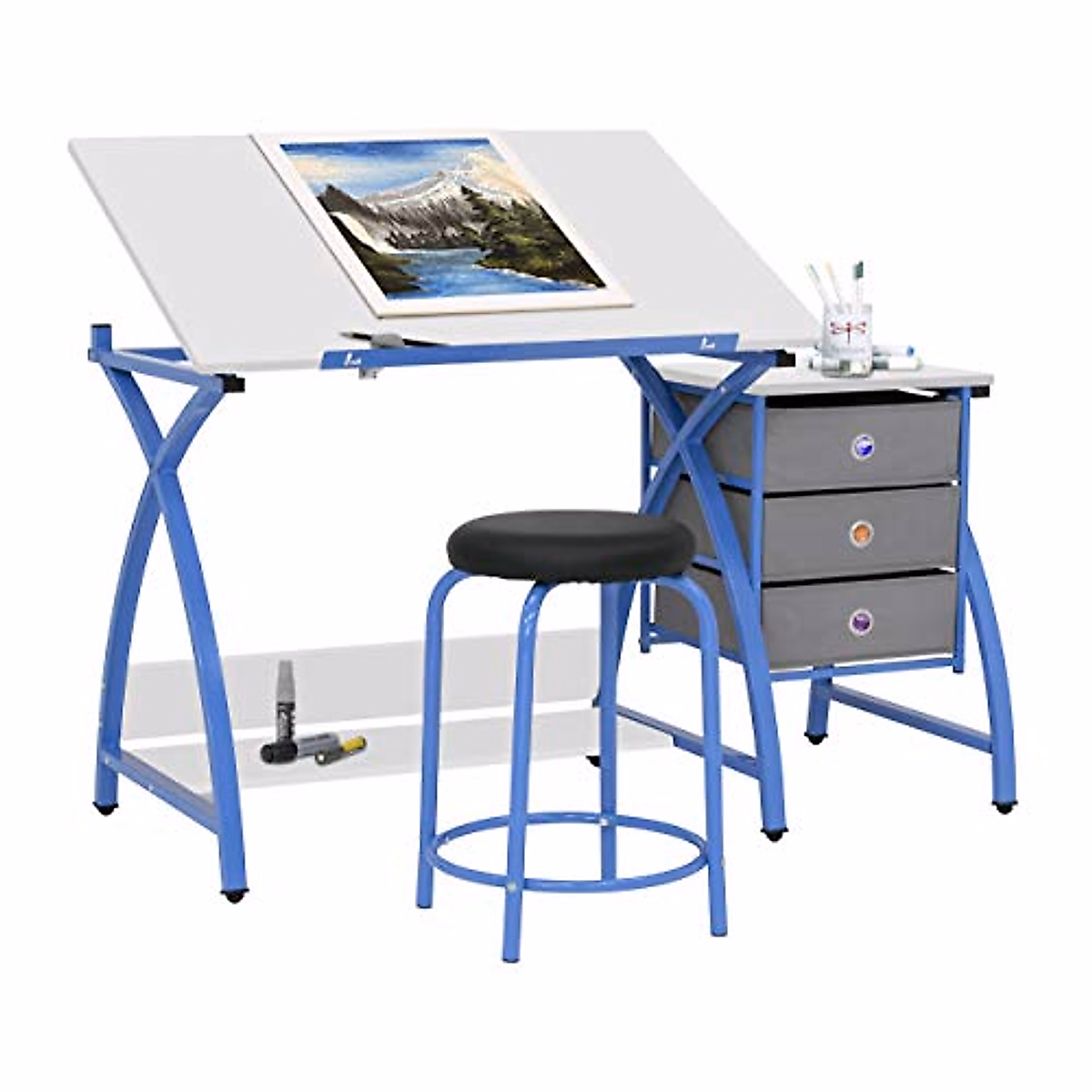 SD STUDIO DESIGNS 2 Piece Comet Center Plus, Craft Table and Matching Stool Set with Storage and Adjustable Top, 50"W x 23.75"D x 29.5"H, Blue/White