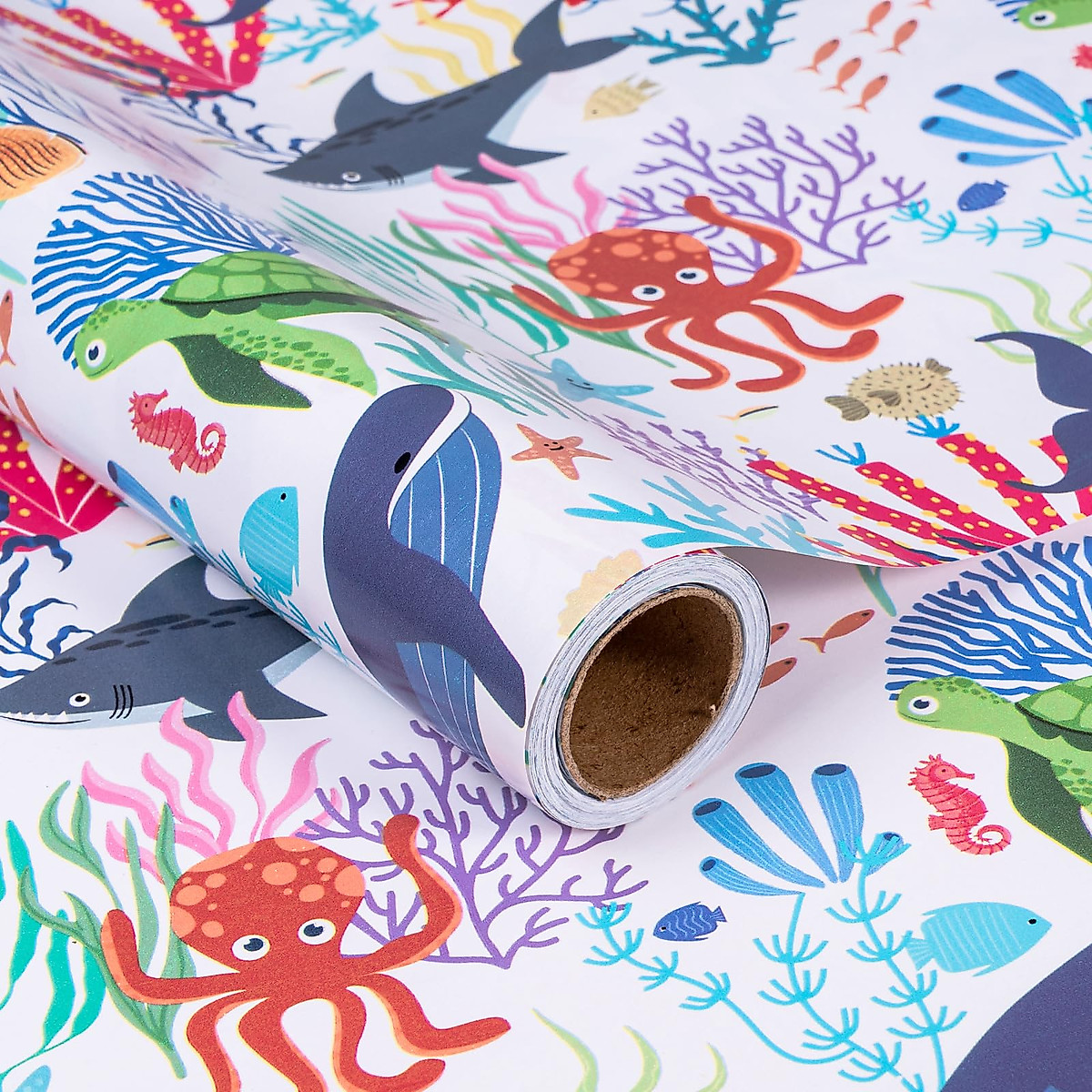 LeZakaa Ocean Wrapping Paper Roll - Cartoon Design of Ocean, Whale, Turtle, Sea Creature for Birthday, Baby Shower, Holiday Party for Boys Girls Kids - 17 inches x 32.8 Feet (46.45 sq.ft.)