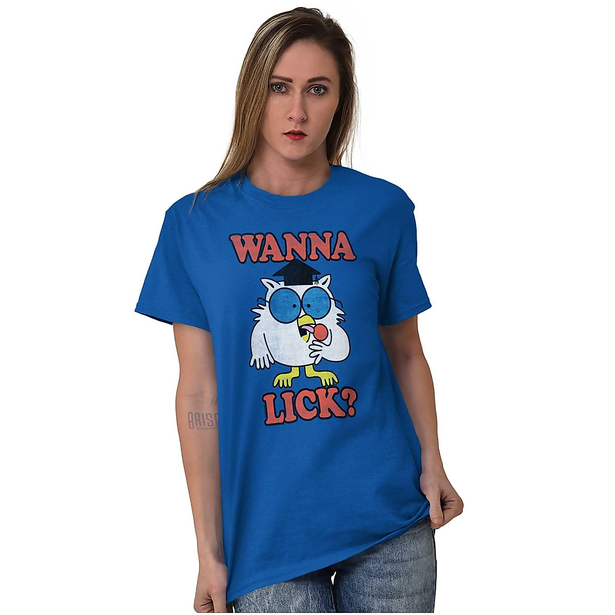 Wanna Lick Funny Mr. Owl Tootsie Pop Graphic T Shirt Men or Women Heather Sapphire