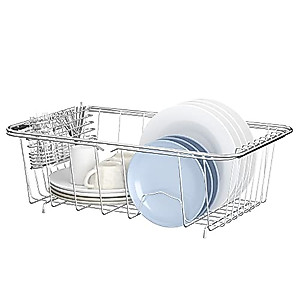 Sink Dish Drying Rack, 304 Stainless Steel Rustproof Expandable Dish Drainer Organizer with Stainless Steel Silverware Holder Over Inside Sink-Adjustable 14.96" to 20.59" （Maximium 7 Upright Dishes ）