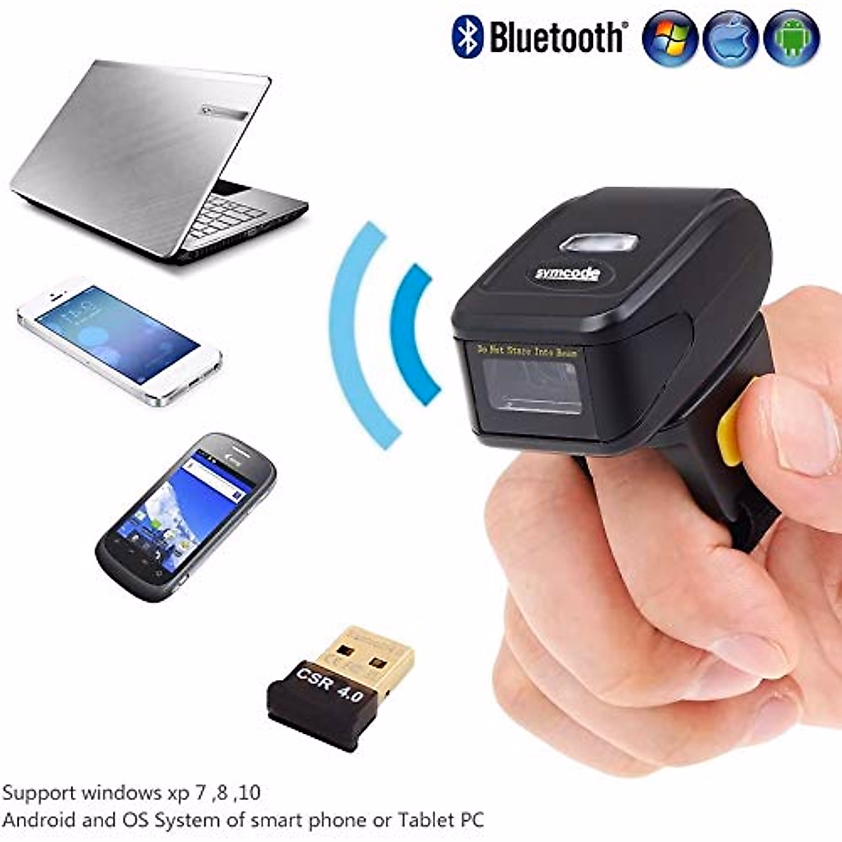 Bluetooth Ring 1D 2D QR Barcode Scanner,Wearable Wireless Finger Mini Bar Code Reader Scanner Compatible for Windows, Mac OS, Android 4.0+, iOS Support Scan QR PDF417 DataMatrix on Screen and Paper